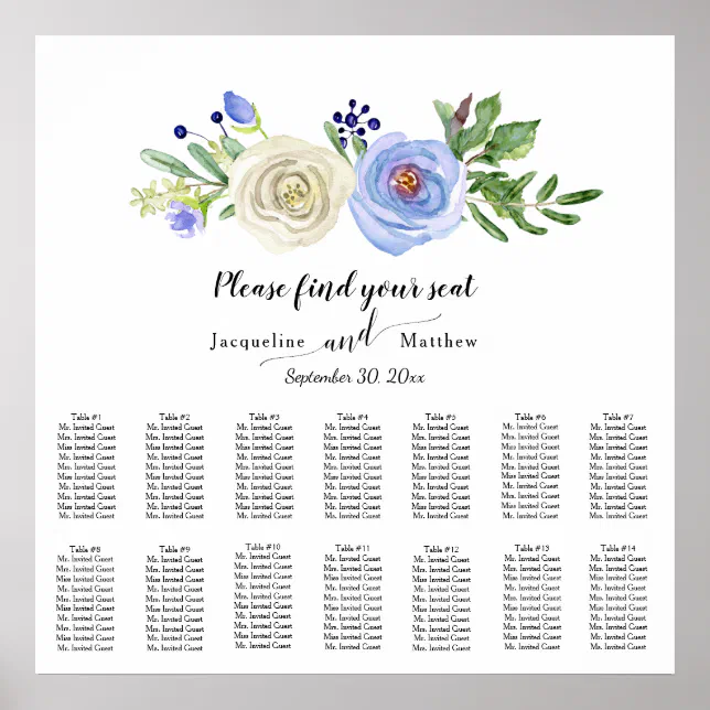 Watercolor Floral Navy Blue n White Seating Chart | Zazzle