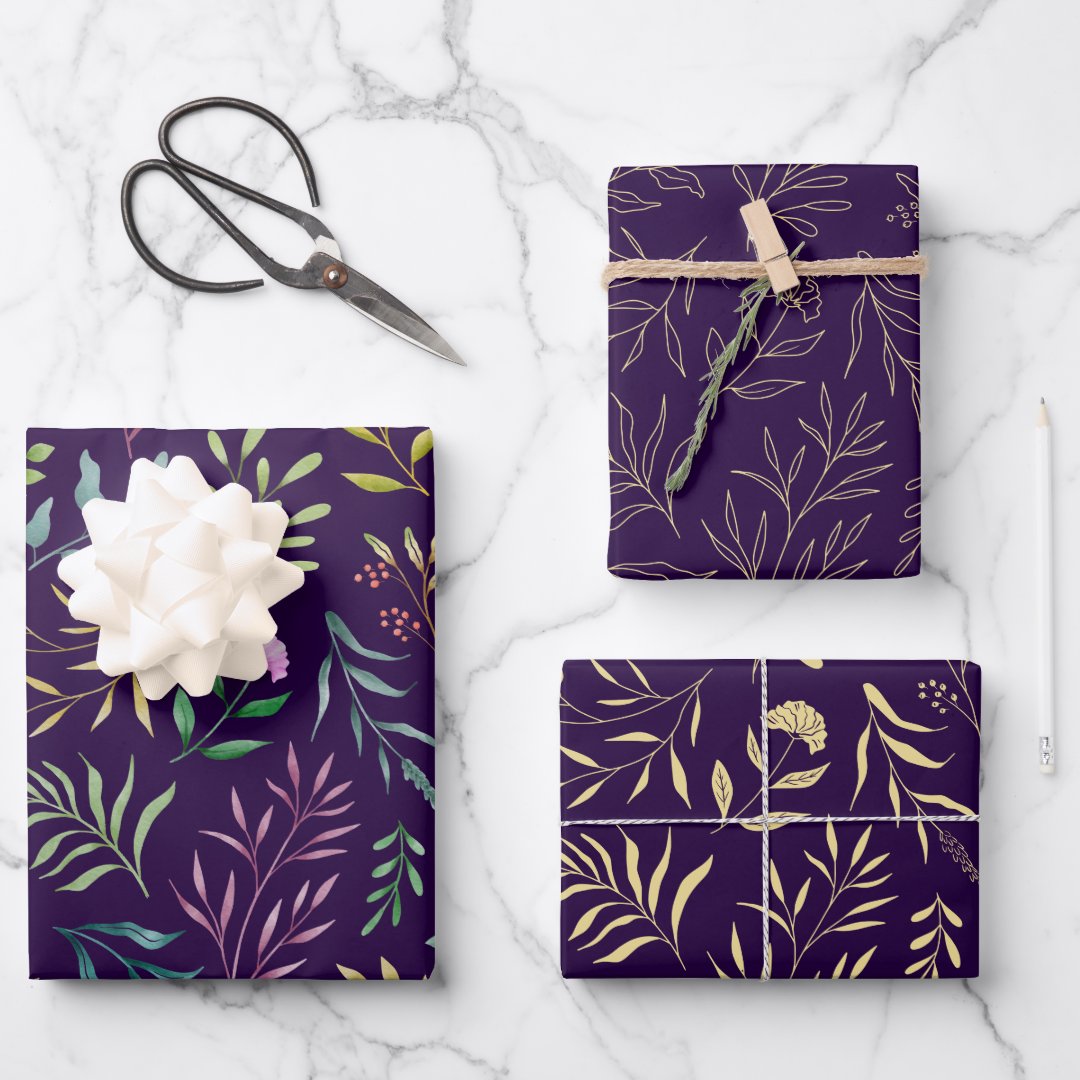 Watercolor Floral Pattern Line Art Purple Wrapping Paper Sheets | Zazzle