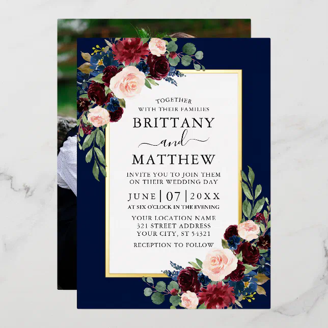 Watercolor Floral Photo Wedding Blue Gold Foil Invitation | Zazzle