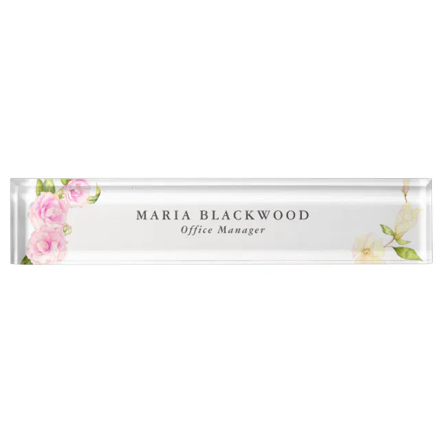 Watercolor Floral Pink and Cream Desk Name Plate | Zazzle
