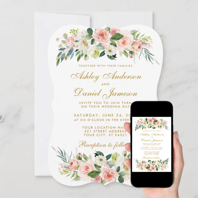Watercolor Floral Pink Blush White Gold Wedding BG Invitation | Zazzle