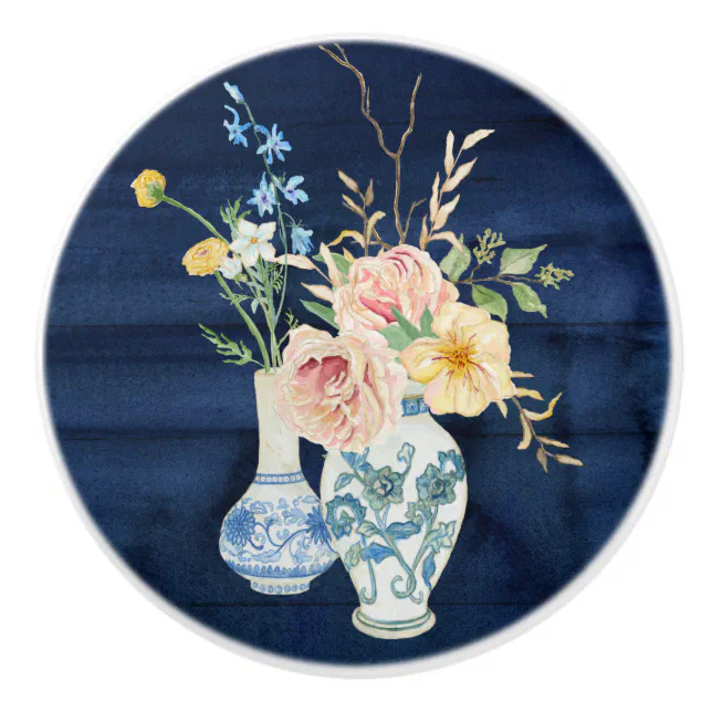 Watercolor Floral Pink Flower Vase Blue Wood Ceramic Knob | Zazzle