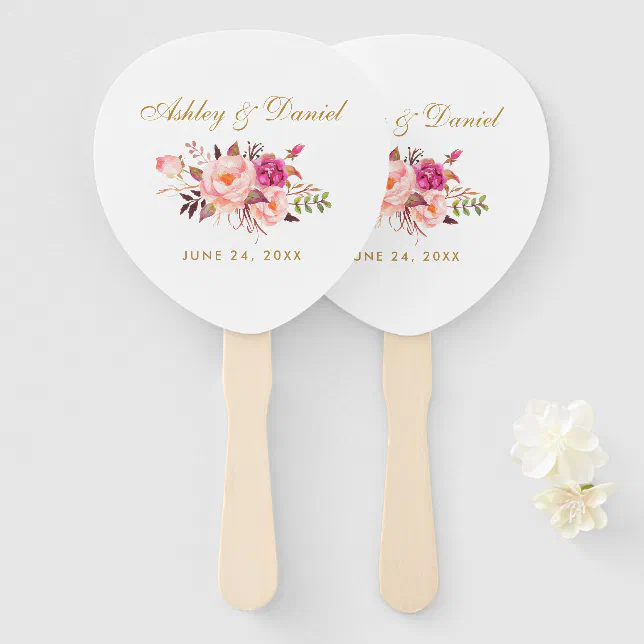 Watercolor Floral Pink Rose Blush Wedding Hand Fan | Zazzle