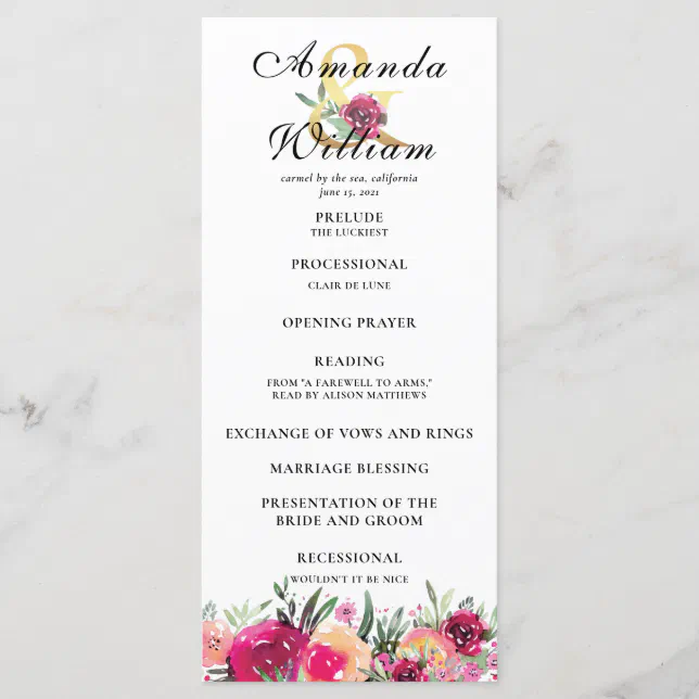Watercolor Floral Pink Wedding Ceremony Program | Zazzle
