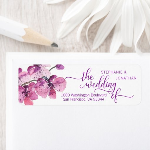 Watercolor Floral Plum Purple Orchids Wedding Label | Zazzle