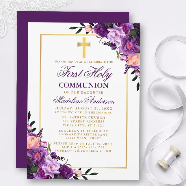 Watercolor Floral Purple Gold First Communion Invitation | Zazzle