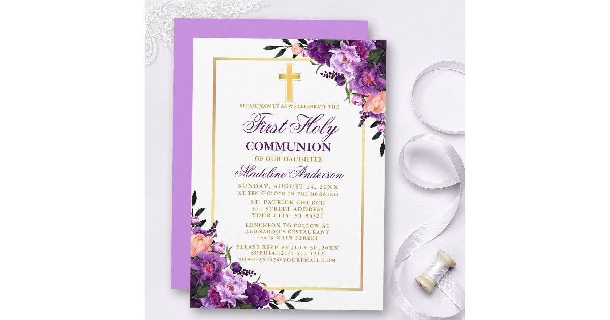 Watercolor Floral Purple Violet First Communion Invitation | Zazzle