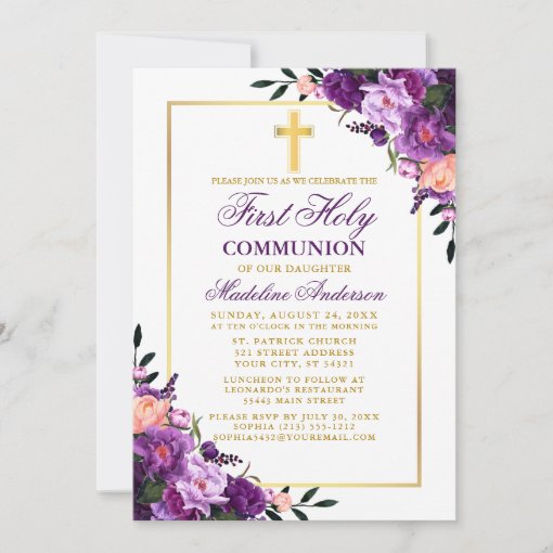 Watercolor Floral Purple Violet First Communion Invitation | Zazzle