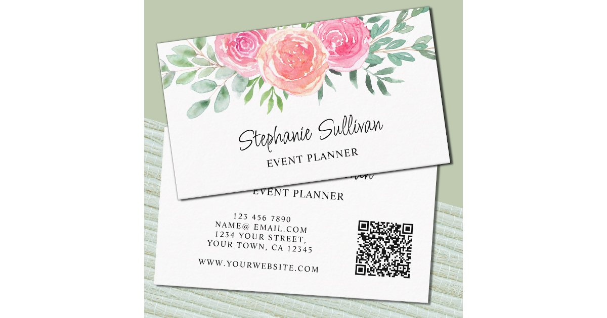 Watercolor Floral QR Code Event Planner Business Card | Zazzle