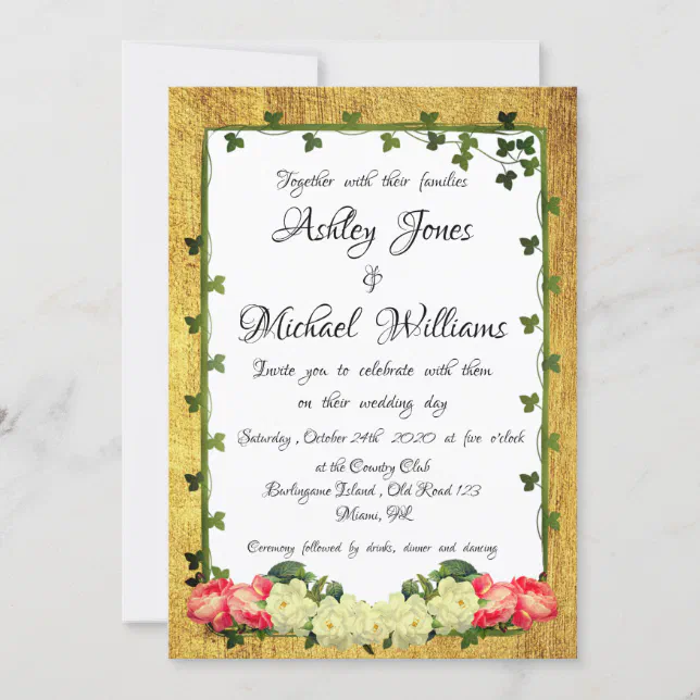Watercolor Floral Rustic Gold Cordial Wedding Invitation | Zazzle