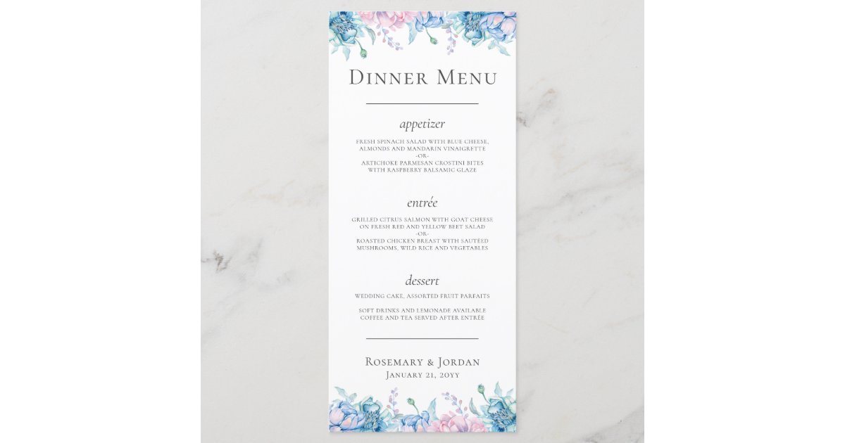Watercolor Floral & Rustic Wood Farmhouse Dinner Menu | Zazzle