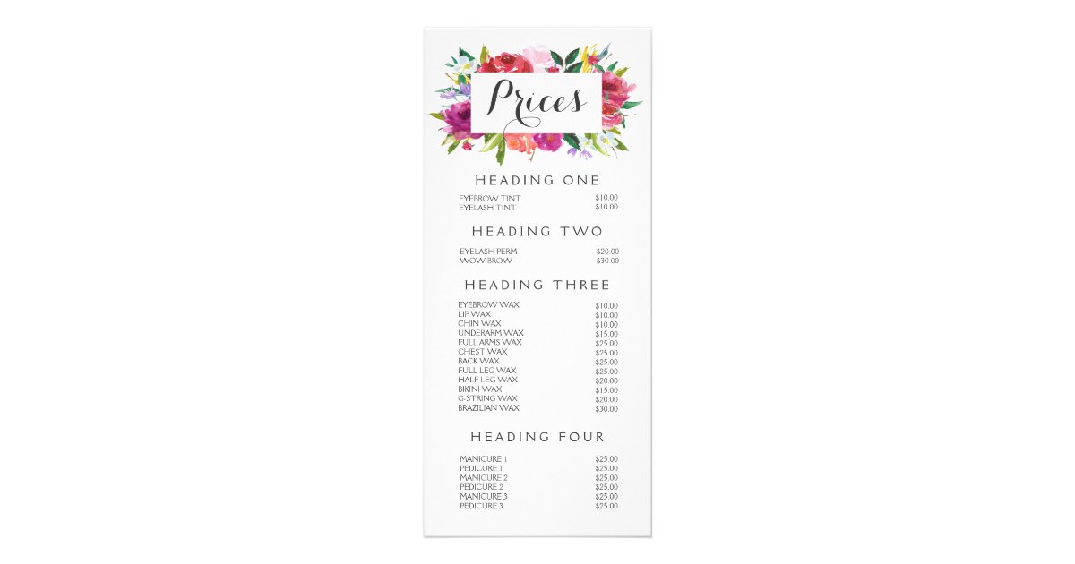 Watercolor Floral Salon Stylist Menu Price List | Zazzle