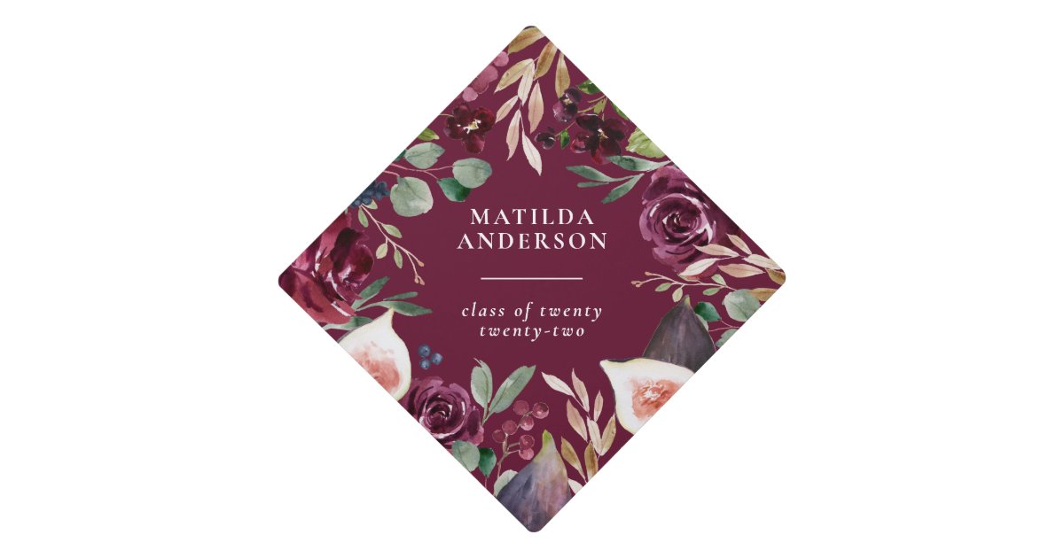 Watercolor floral + script burgundy elegant girly graduation cap topper ...