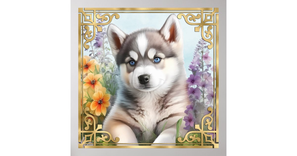 Watercolor Floral Siberian Husky with Gold Frame Poster | Zazzle