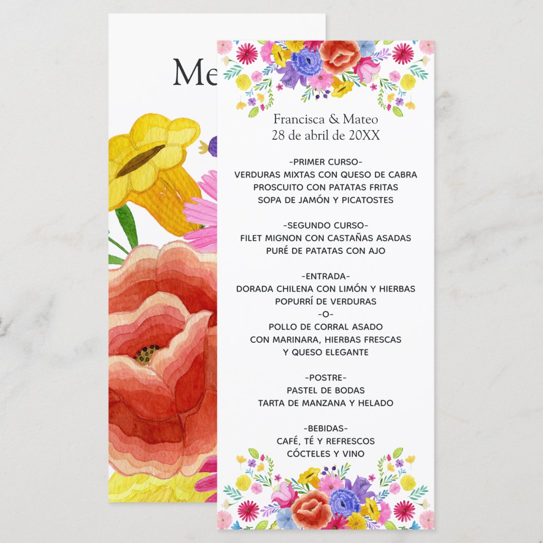 Watercolor Floral Spanish Fiesta Wedding Menu | Zazzle