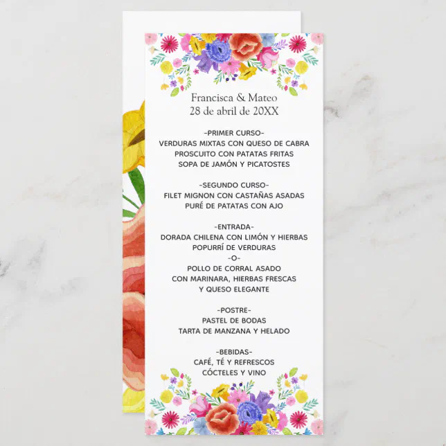 Watercolor Floral Spanish Fiesta Wedding Menu | Zazzle