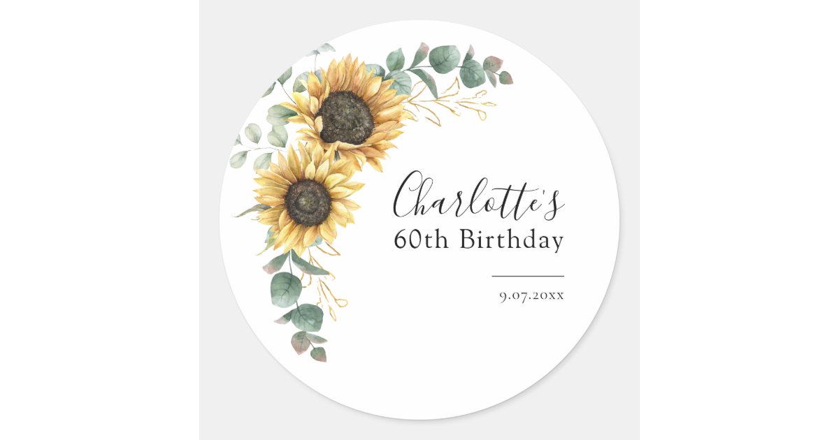 Watercolor Floral Sunflower 60th Birthday Party Classic Round Sticker ...