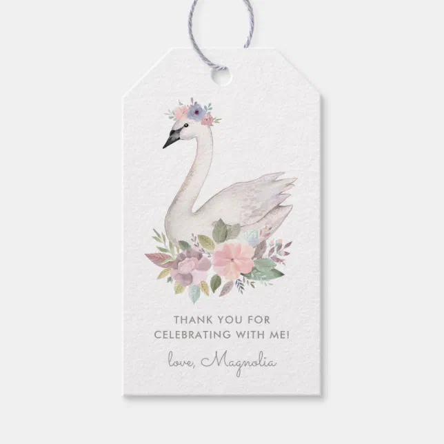 Watercolor Floral Swan Princess Birthday Gift Tags | Zazzle