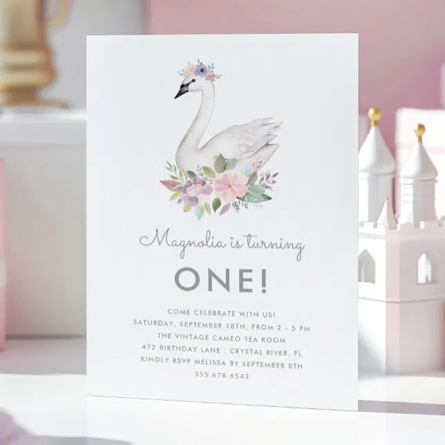 Watercolor Floral Swan Princess Birthday Pink Invitation | Zazzle