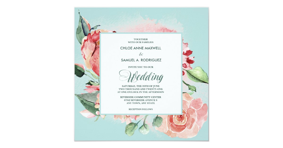 Watercolor Floral Teal and Coral Pink Wedding Invitation | Zazzle.com