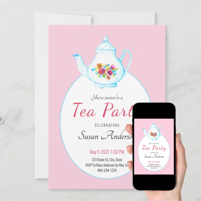Watercolor Floral Teapot Pink Tea Party Invitation | Zazzle