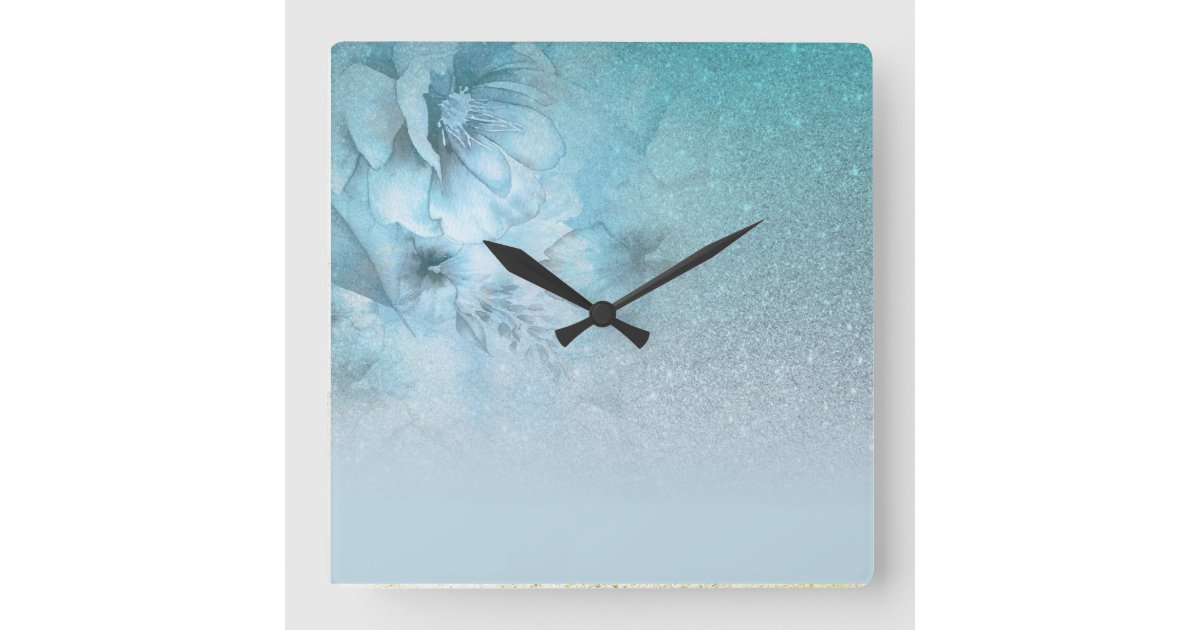 Watercolor Floral Turquoise Glitter Celestial Square Wall Clock | Zazzle