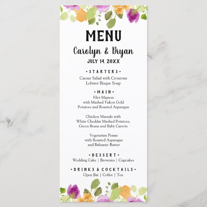 Watercolor Floral Wedding Dinner Menu | Zazzle.com