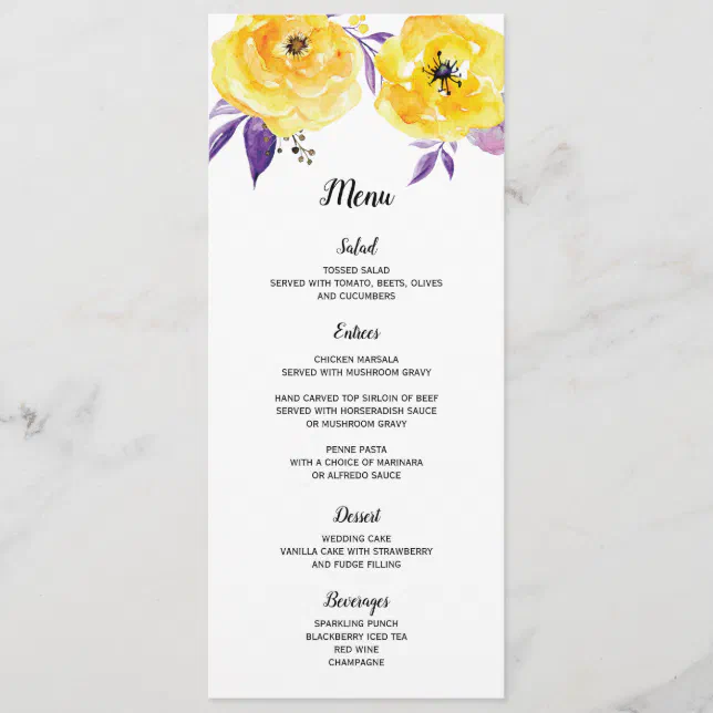 Watercolor Floral Wedding Menu Card | Zazzle