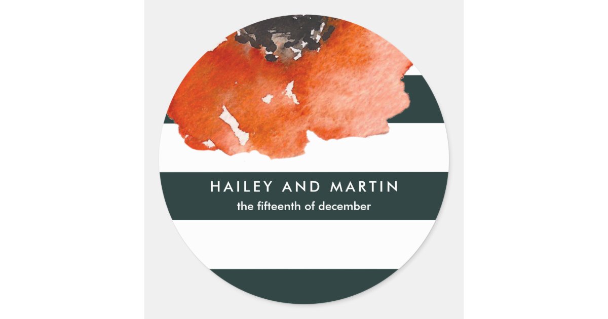 Watercolor Floral with Dark Green Stripes Wedding Classic Round Sticker ...