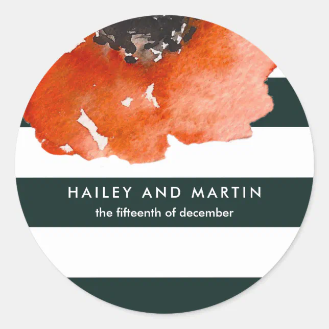 Watercolor Floral with Dark Green Stripes Wedding Classic Round Sticker ...