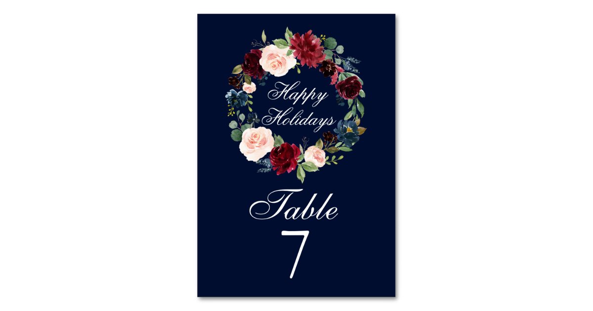 Watercolor Floral Wreath Elegant Happy Holidays Table Number | Zazzle