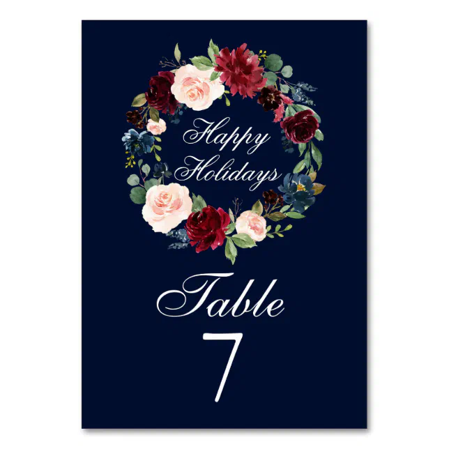 Watercolor Floral Wreath Elegant Happy Holidays Table Number | Zazzle