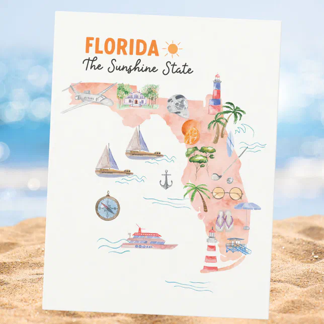 Watercolor Florida State Art Map Postcard | Zazzle