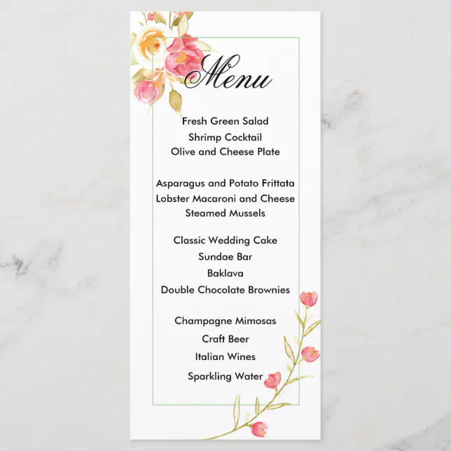 Watercolor Flower Menu Card | Zazzle