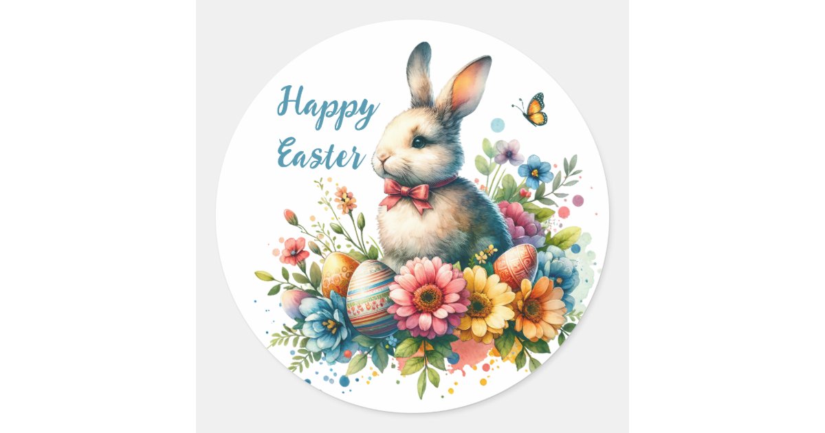 Watercolor Flowers and Bunny Easter Classic Round Sticker | Zazzle