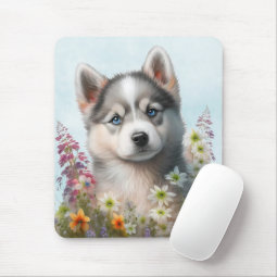 Watercolor Flowers and Siberian Husky Puppy Mouse Pad | Zazzle