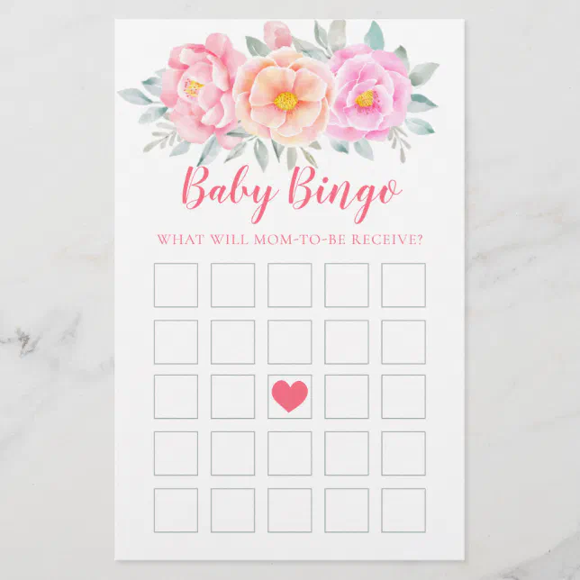 Watercolor Flowers Baby Shower Game Baby Bingo | Zazzle