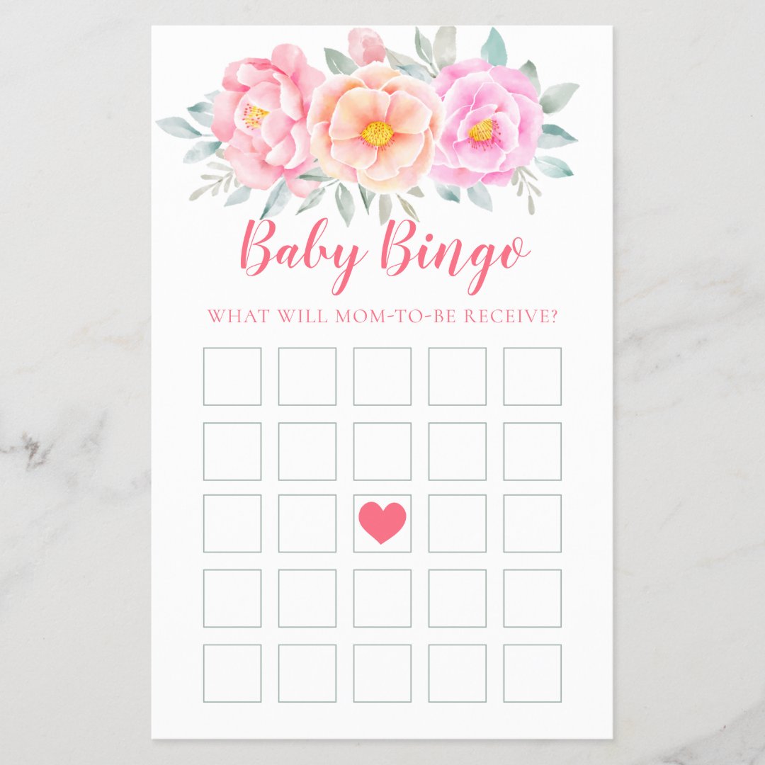 Watercolor Flowers Baby Shower Game Baby Bingo | Zazzle