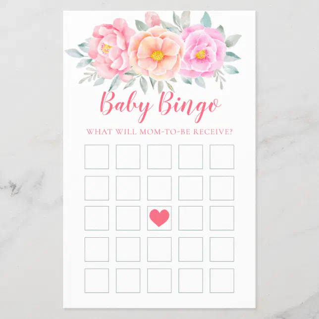 Watercolor Flowers Baby Shower Game Baby Bingo | Zazzle