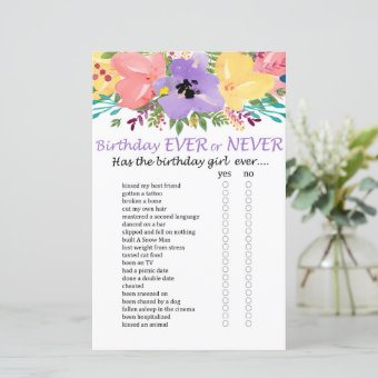 Watercolor flowers Birthday ever or never game | Zazzle