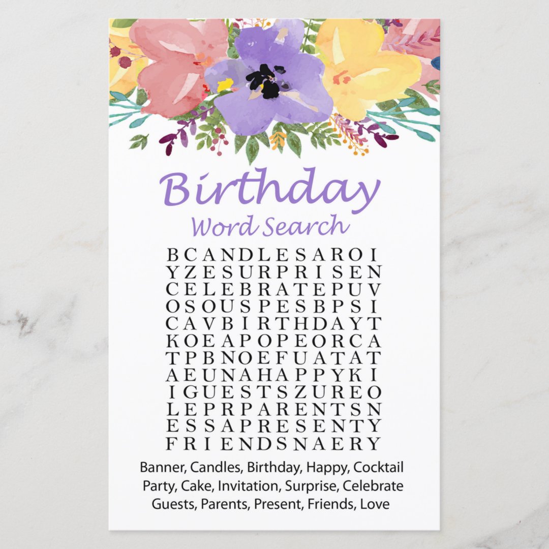 Watercolor flowers Birthday word search game | Zazzle