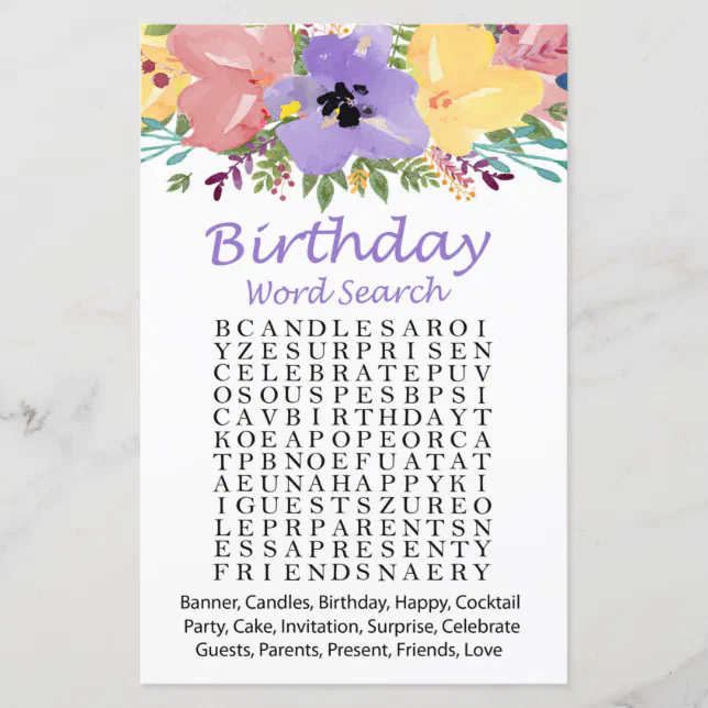 Watercolor flowers Birthday word search game | Zazzle