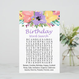 Watercolor flowers Birthday word search game | Zazzle