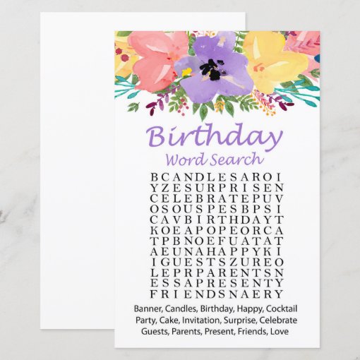 Watercolor flowers Birthday word search game | Zazzle