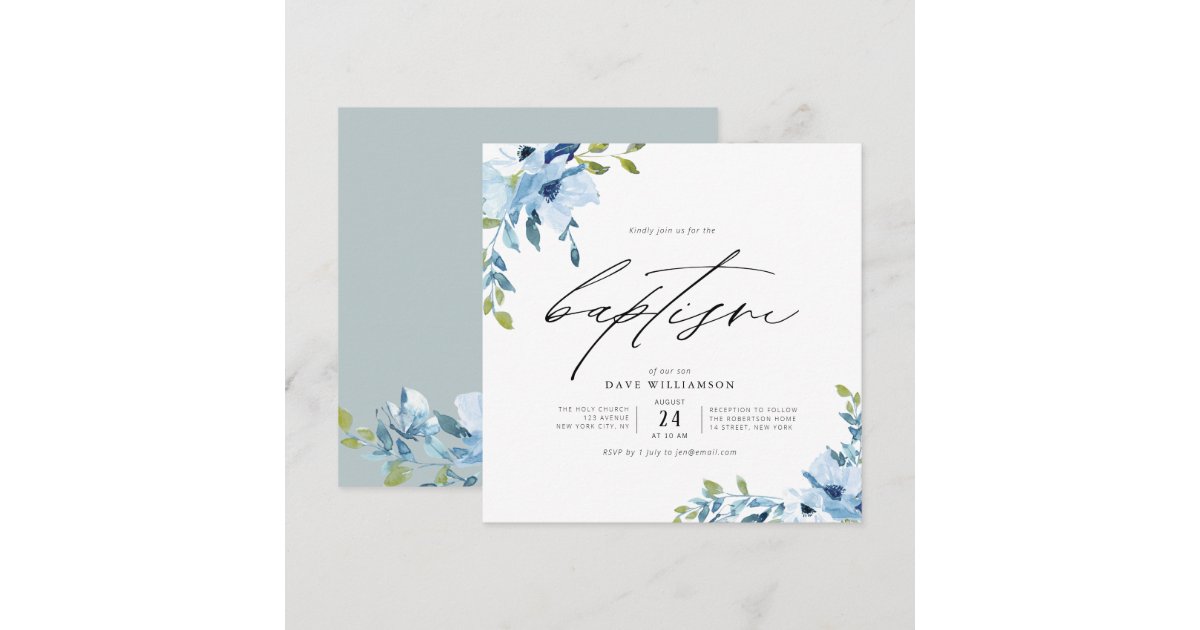 watercolor flowers blue theme boy baptism invitation | Zazzle