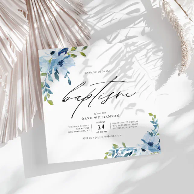 watercolor flowers blue theme boy baptism invitation | Zazzle