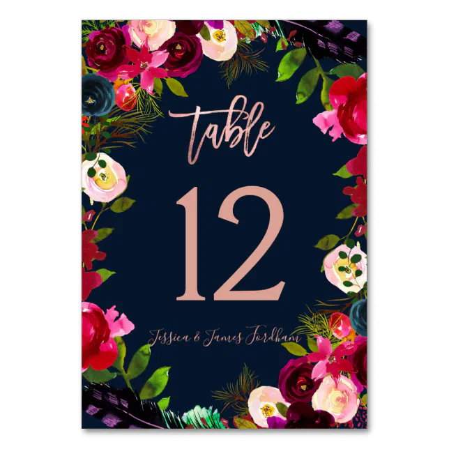 Watercolor Flowers Burgundy Blush Table Number | Zazzle