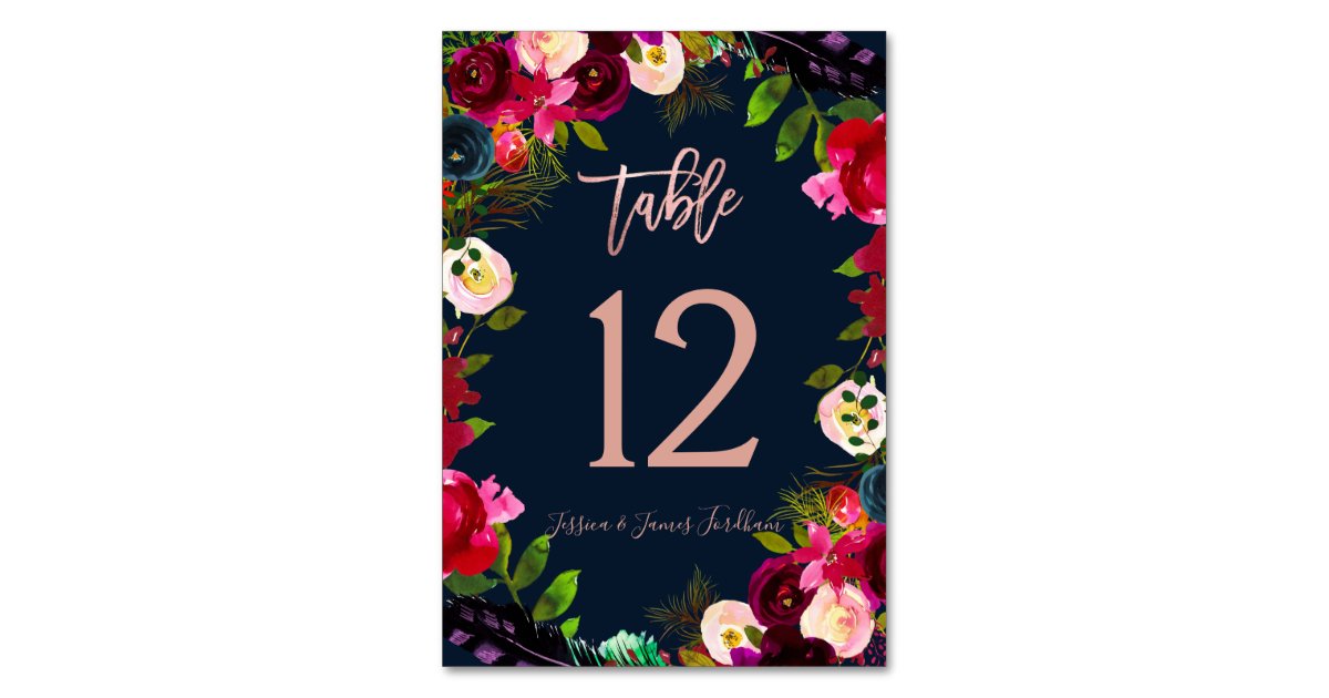 Watercolor Flowers Burgundy Blush Table Number | Zazzle