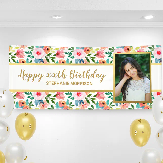 Watercolor Flowers, Custom Photo Text Birthday Banner | Zazzle