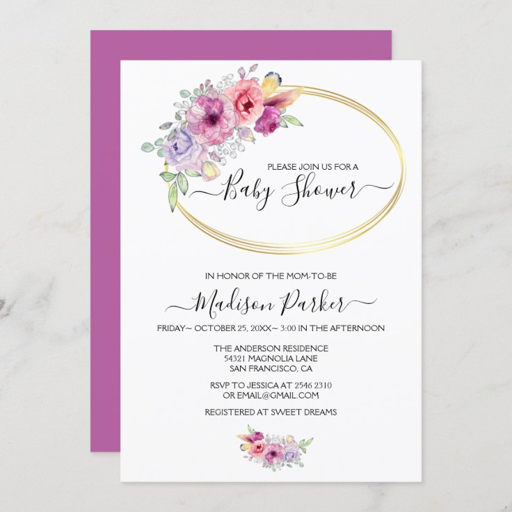 Watercolor Flowers Golden Frame Invitation | Zazzle